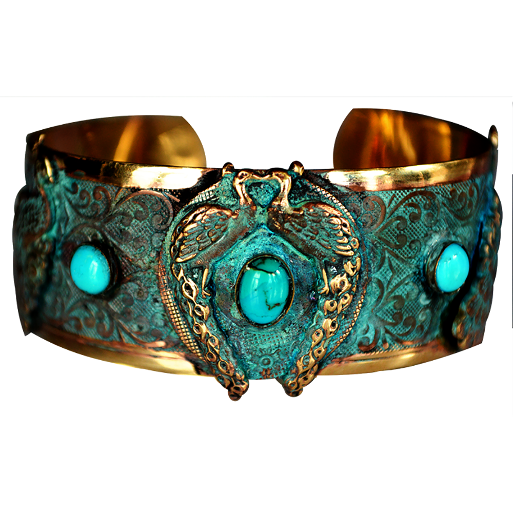 Verdigris Patina Brass Peacocks in Paradise Cuff Bracelet - Turquoise