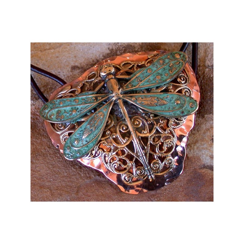 Patina Brass Neo-Victorian Dragonfly with Filigree on Forged Copper Pendant